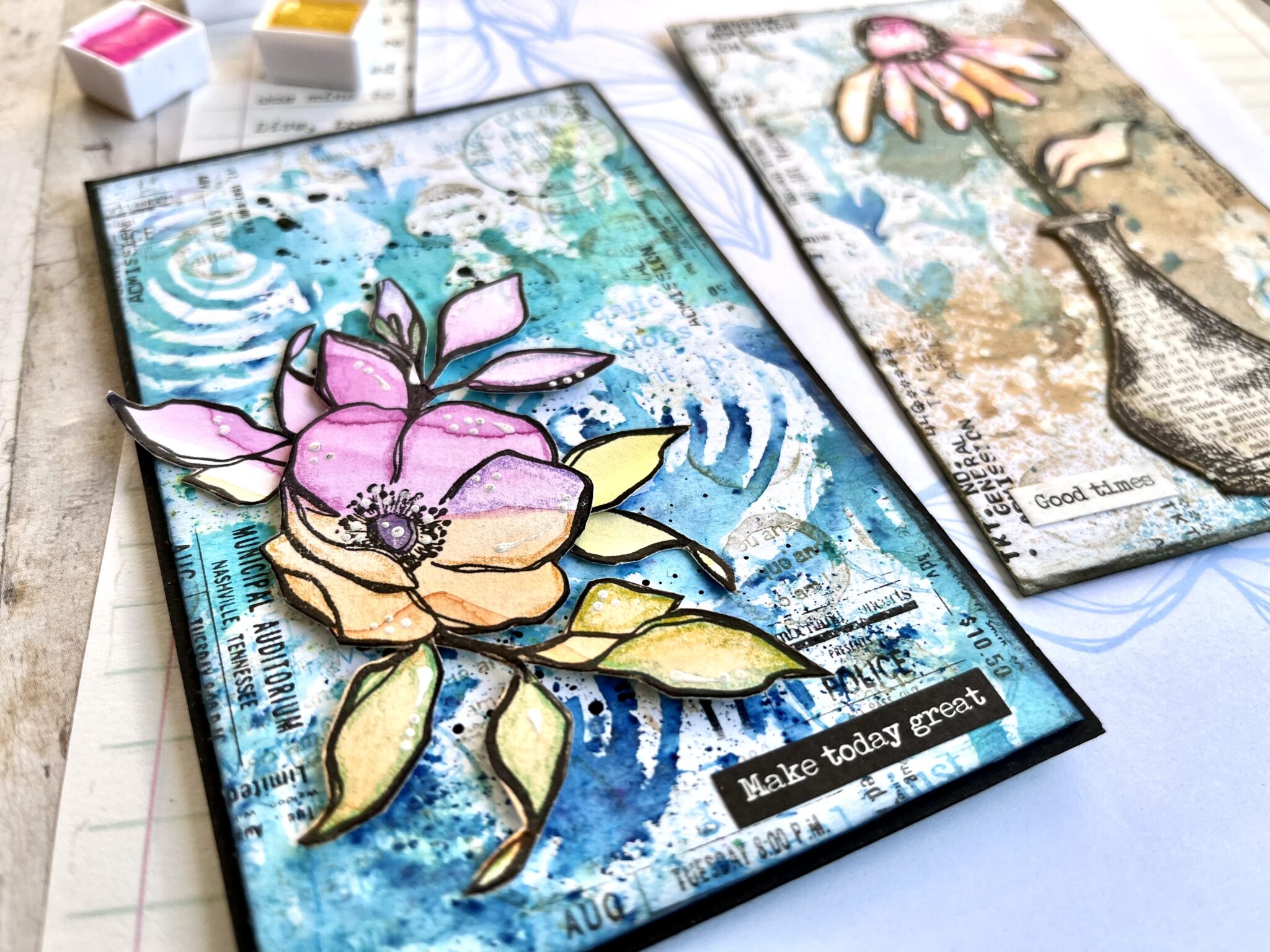 Mixed Media Marks Cards with Flowers – Rubber Dance Art Stamps Blog