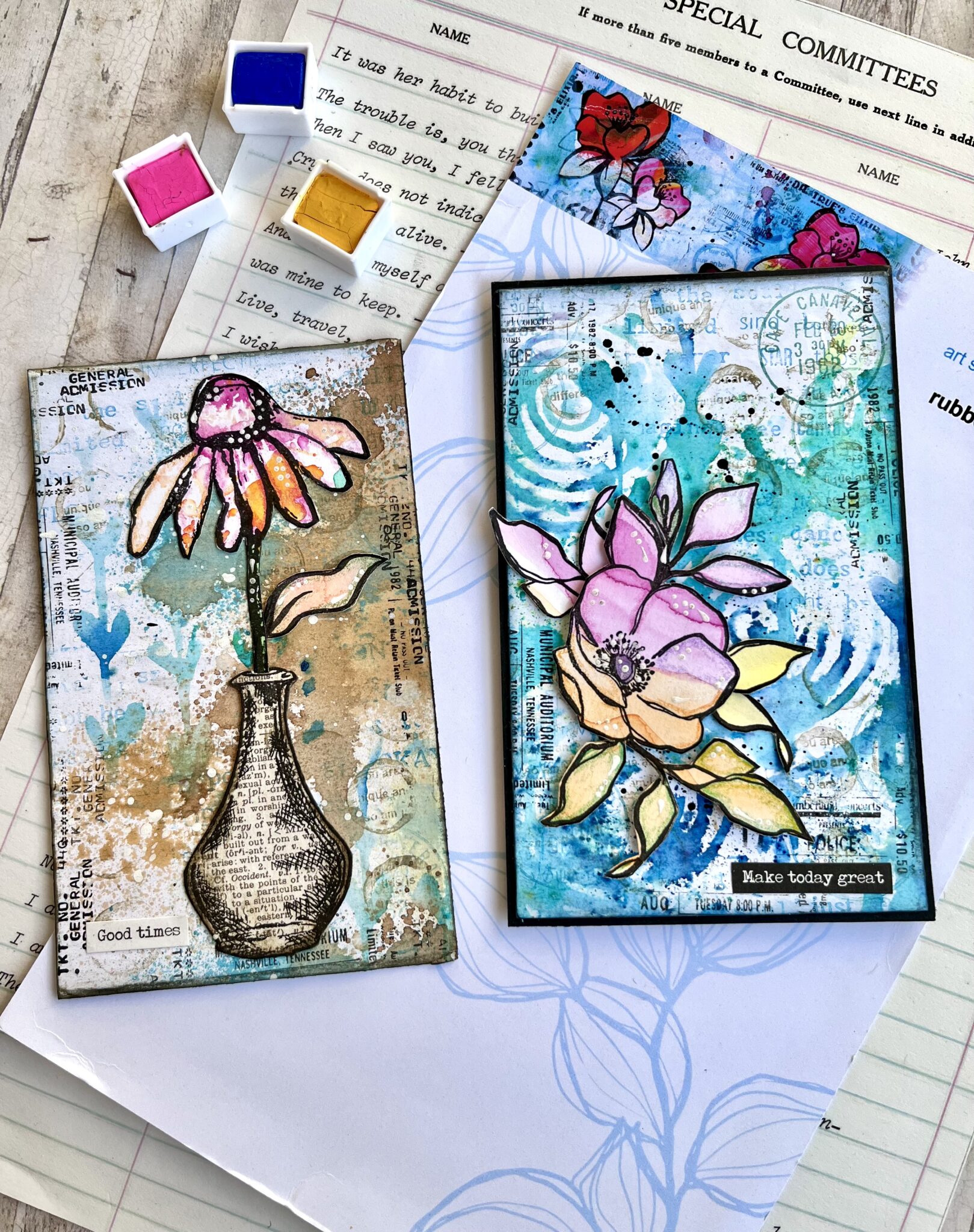 Mixed Media Marks Cards with Flowers – Rubber Dance Art Stamps Blog