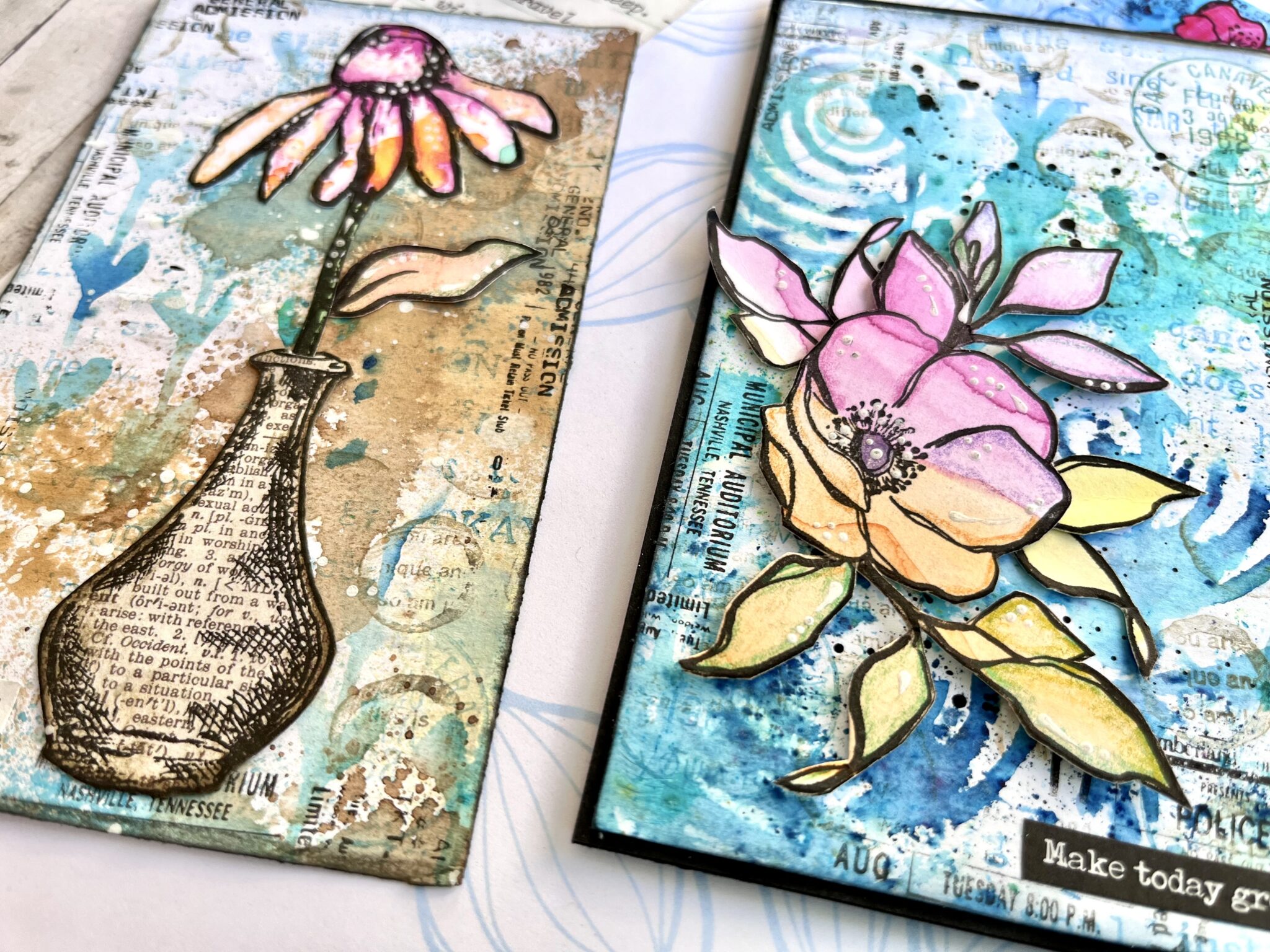 Mixed Media Marks Cards with Flowers – Rubber Dance Art Stamps Blog