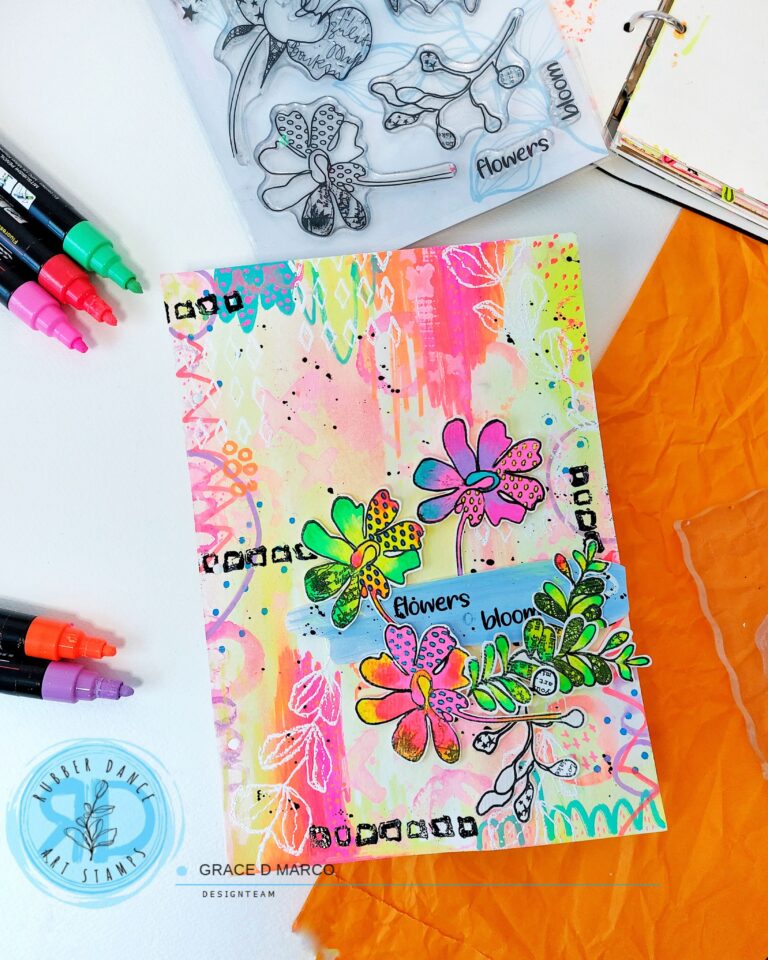 NEON Art Journal Page Tutorial with Doodle Flowers – Rubber Dance Art Stamps Blog
