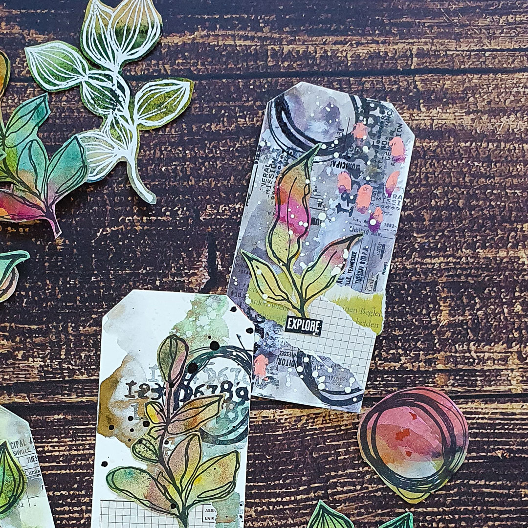 Mixed Media Tags with Sketchy Leaves and Mixed Media Marks 1 – Rubber ...