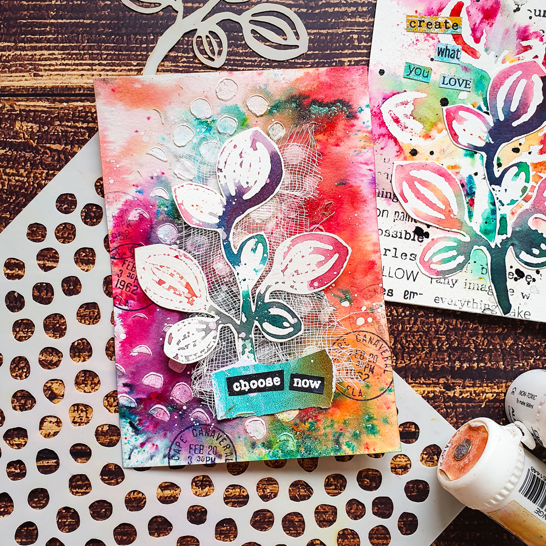 Mixed Media Index Cards with Sketchy Leaves Stencil and Brusho ...