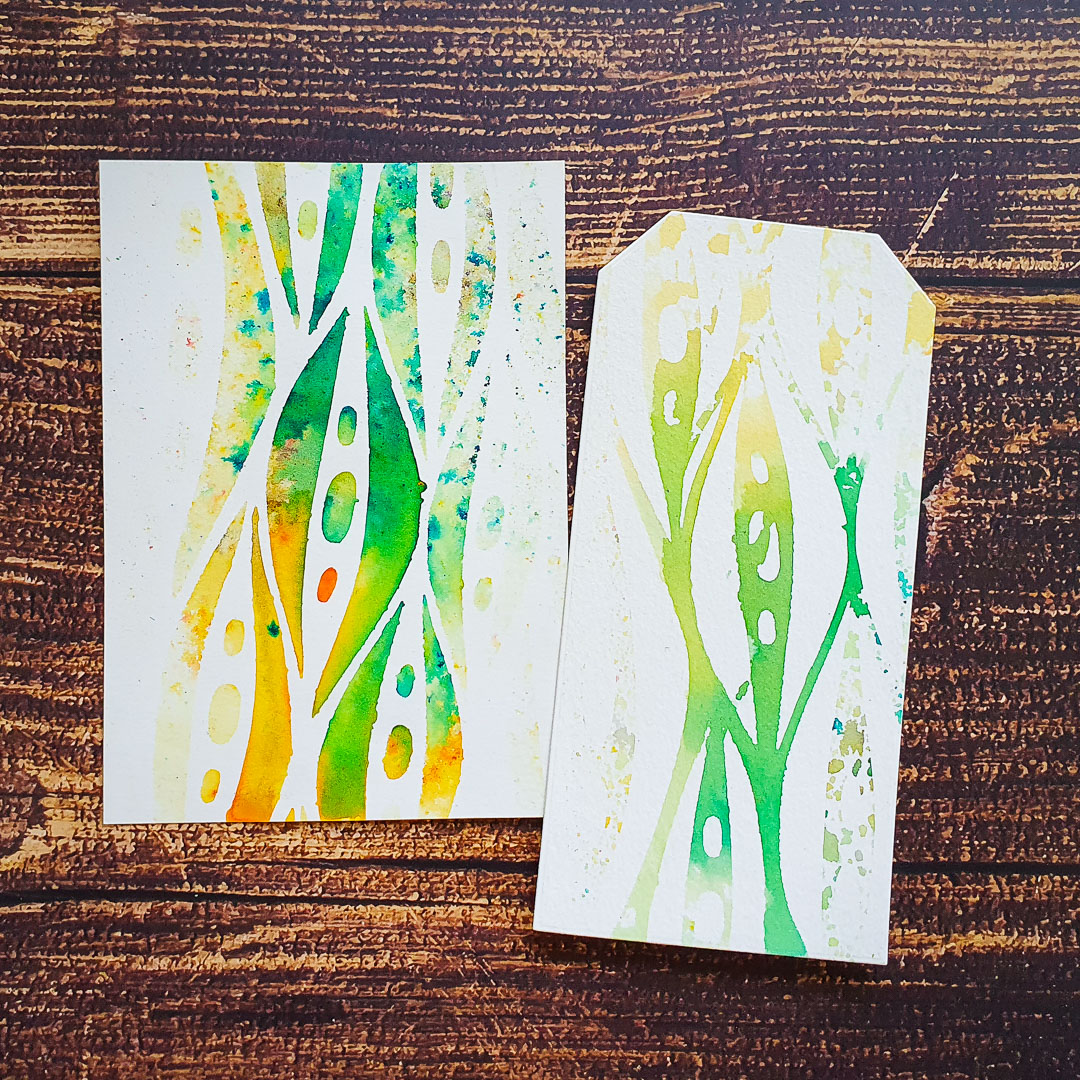 Mixed Media Index Card with Leaves Stencil and Brusho Background ...