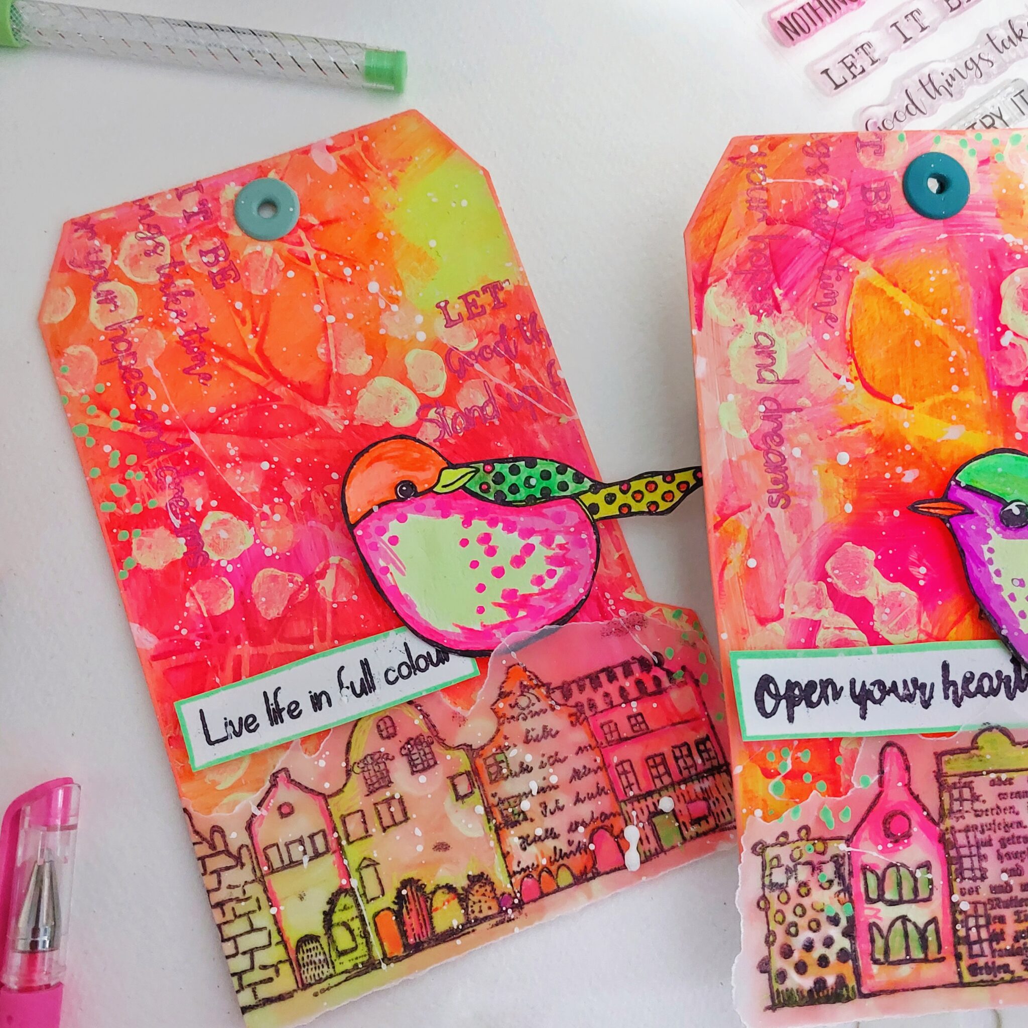 TAG Twins – Mixed Media Tags with Stencil Background – Rubber Dance Art ...