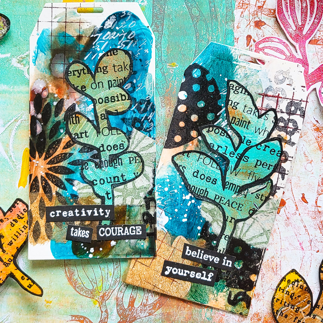 Mixed Media Tags with a grungy Background and Collage Fodder – Rubber ...