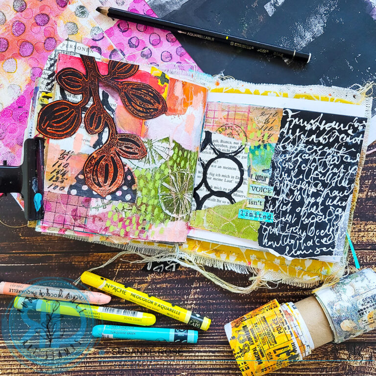 Abstract Art Journal Collage with Sketchy Leaves Stencil – Rubber Dance ...