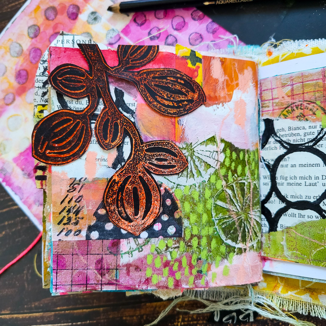 Abstract Art Journal Collage with Sketchy Leaves Stencil – Rubber Dance Art Stamps Blog