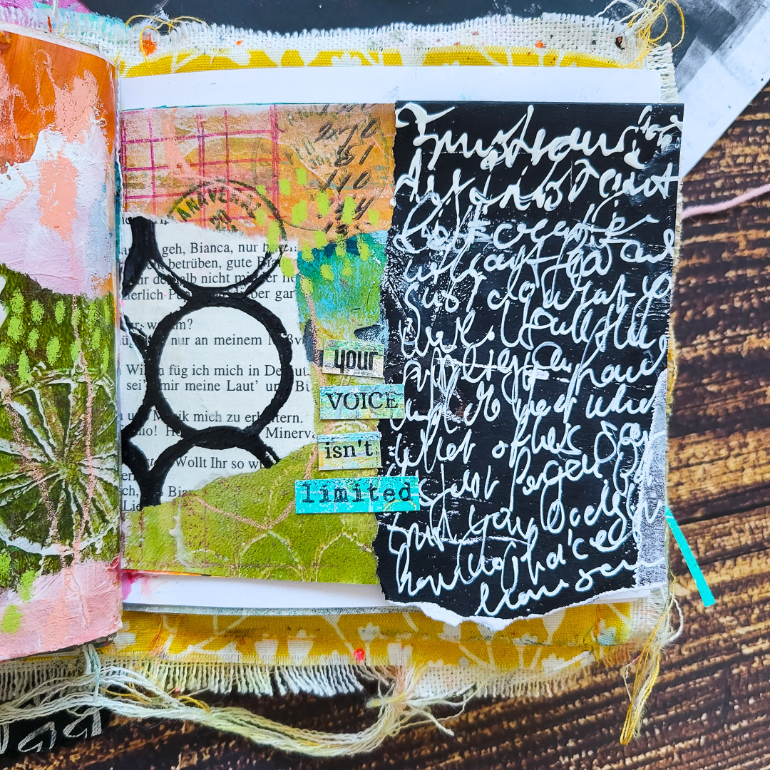 Abstract Art Journal Collage with Sketchy Leaves Stencil – Rubber Dance Art Stamps Blog