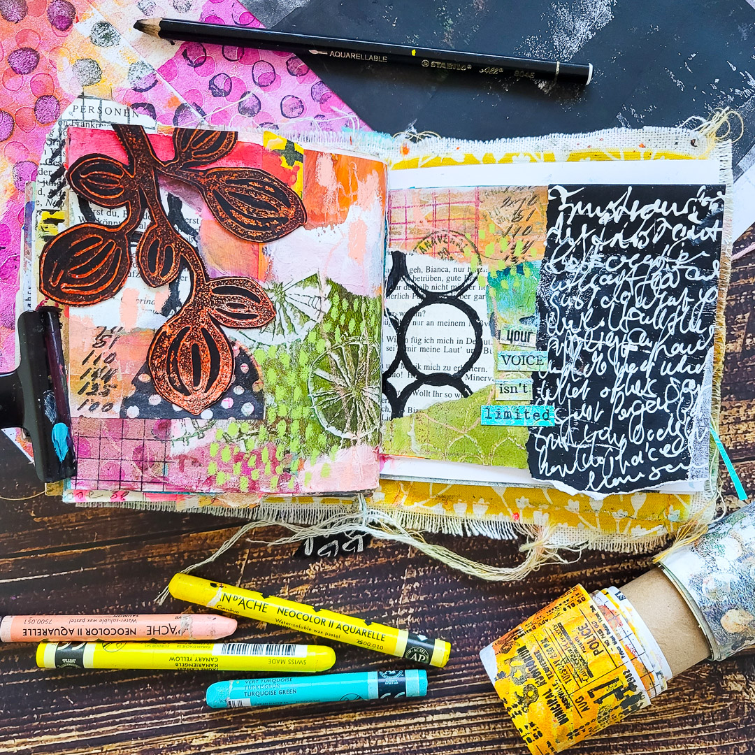 Abstract Art Journal Collage with Sketchy Leaves Stencil – Rubber Dance Art Stamps Blog