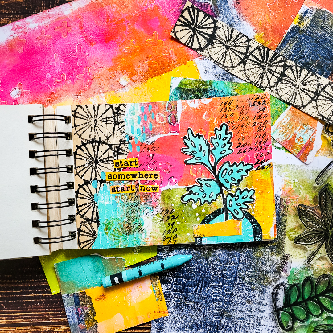 Abstract Mixed Media Collage with Gel Print and Collage Leaves – Rubber ...