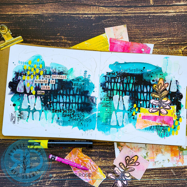 Mixed Media Art Journal Page with Stencil Background – Rubber Dance Art ...