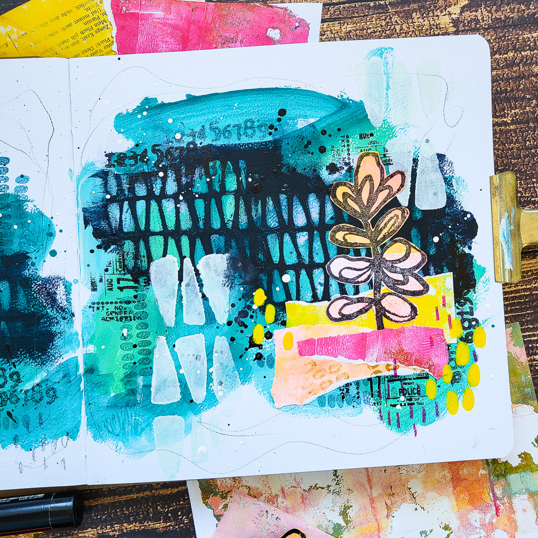 Mixed Media Art Journal Page with Stencil Background – Rubber Dance Art Stamps Blog