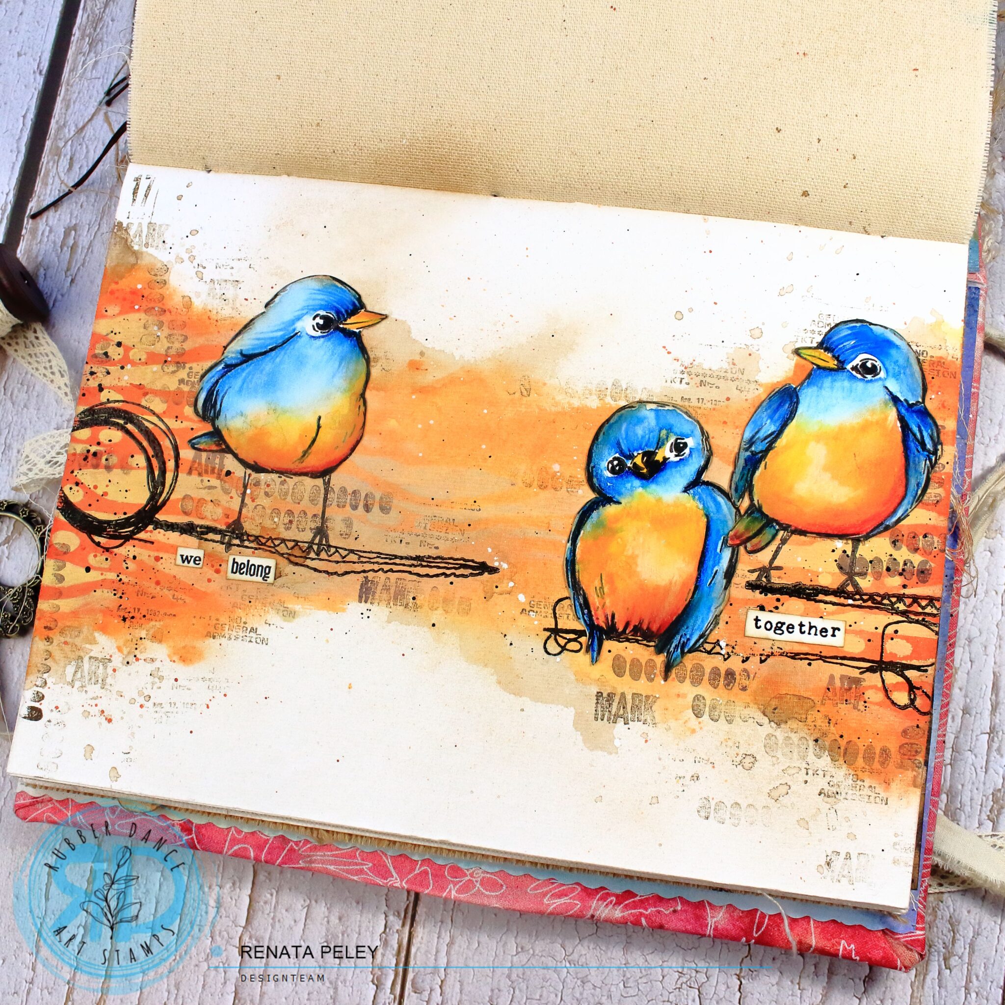 Mixed Media Art Journal Page with Stencil Background and Sketchy Birds ...