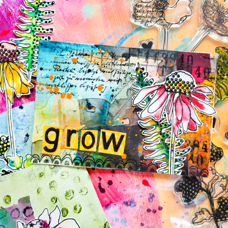 Mixed Media Index Card with Collage Fodder & Doodle Flowers 2 – Rubber ...