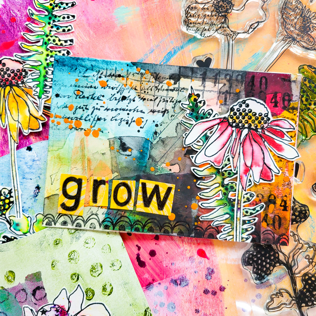 Mixed Media Index Card with Collage Fodder & Doodle Flowers 2 – Rubber ...