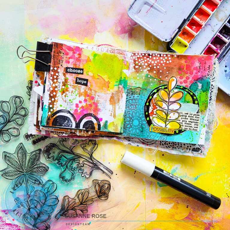 Colourful Junk Art Journal Page with Collage Leaves – Rubber Dance Art ...