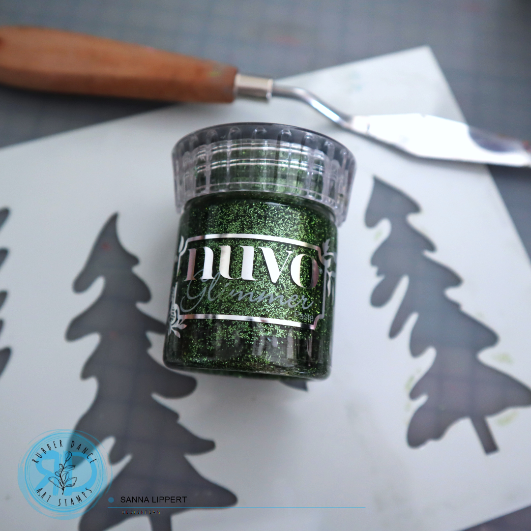 Christmas Cards with XMas Trees Stencil & Glitter Paste – Rubber Dance ...