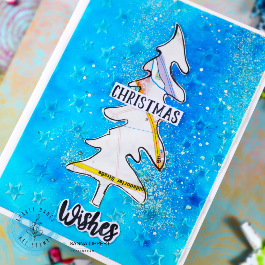 Brusho Blue Christmas Cards with XMas Trees – Rubber Dance Art Stamps Blog
