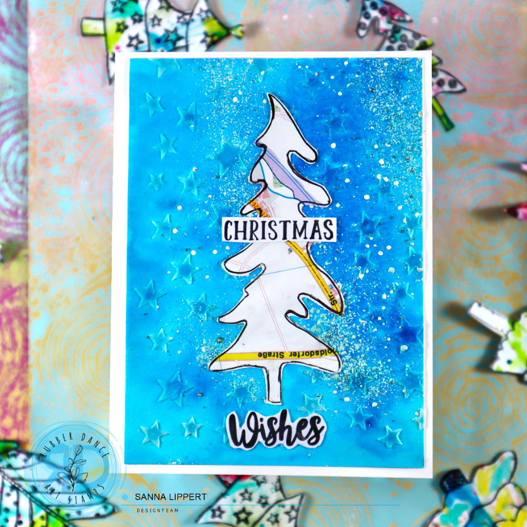Brusho Blue Christmas Cards with XMas Trees – Rubber Dance Art Stamps Blog
